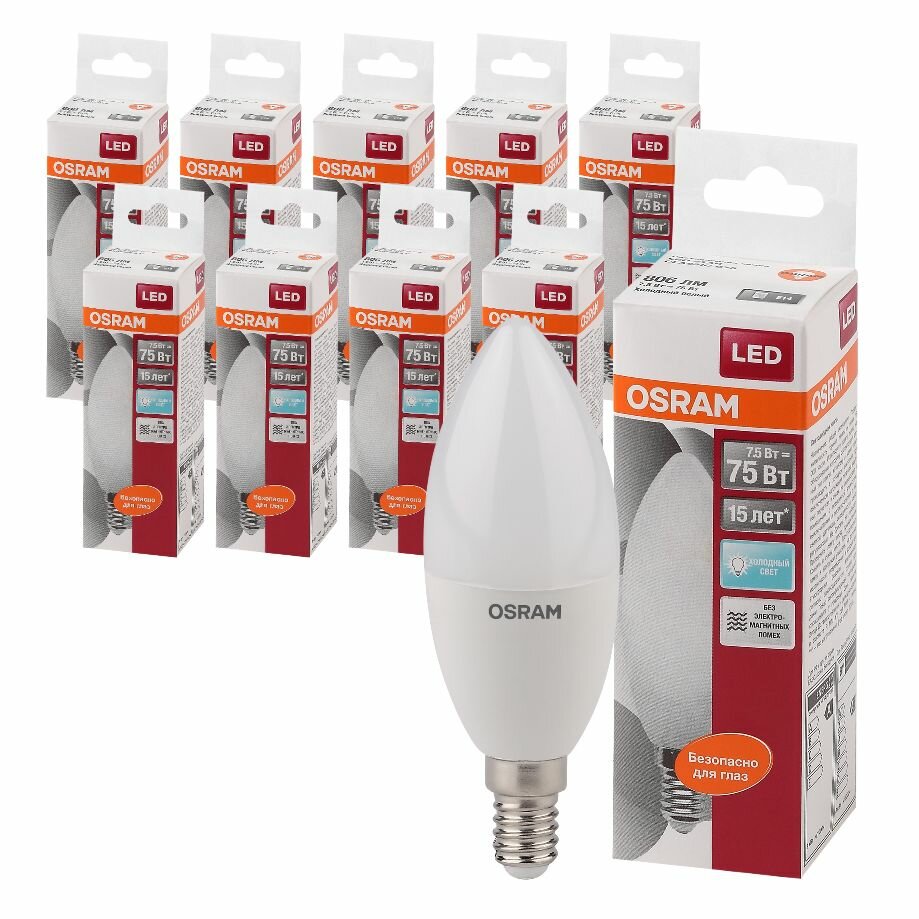 Лампочки светодиодные Е14 OSRAM LED Star 9Вт, 4000К нейтральный свет, 806лм, свеча, 10 штук