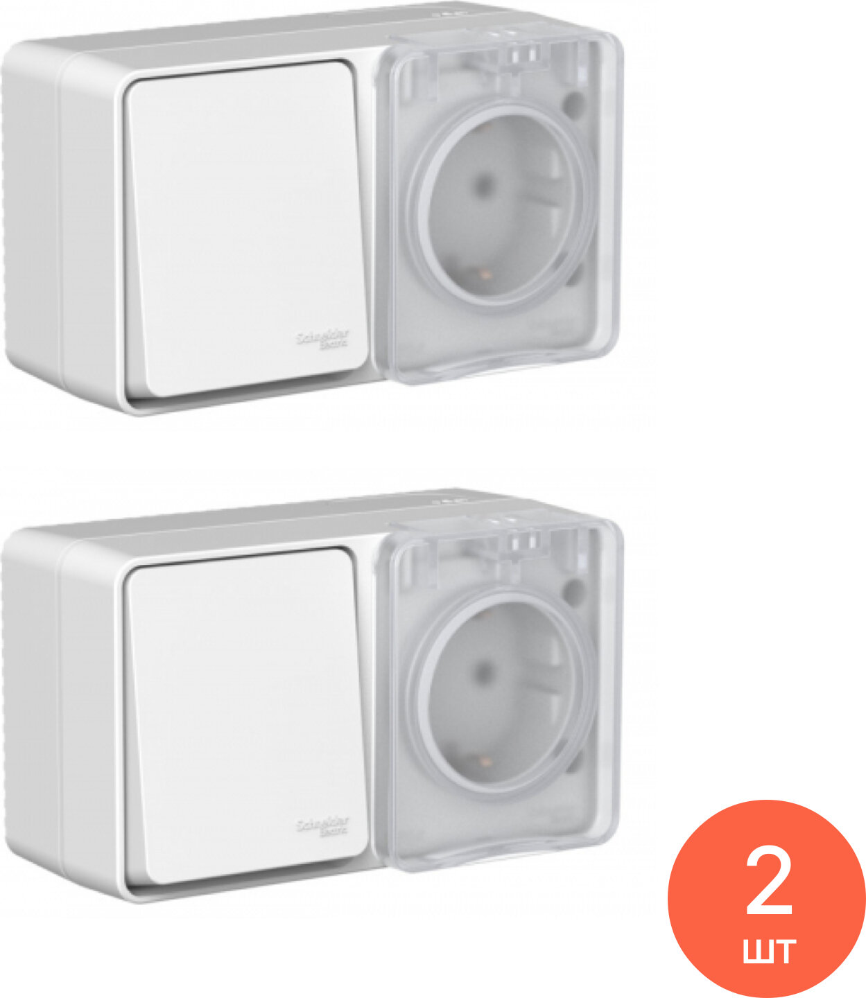 Блок System Electric / Систем Электрик AtlasDesign Profi IP54 розетка и выключатель одноклавишный из поликарбоната, серый, 250В, 10/16А, размером 121×60×56мм / электрика (комплект из 2 шт)