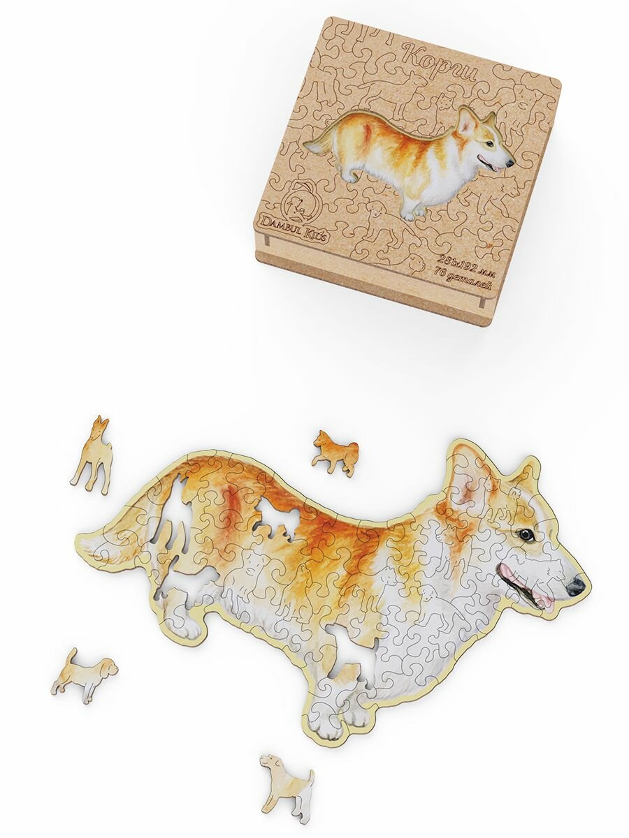 Пазлы деревянные для взрослых и детей на подарок мозаика антистресс, корги 76 деталей в деревянной коробке