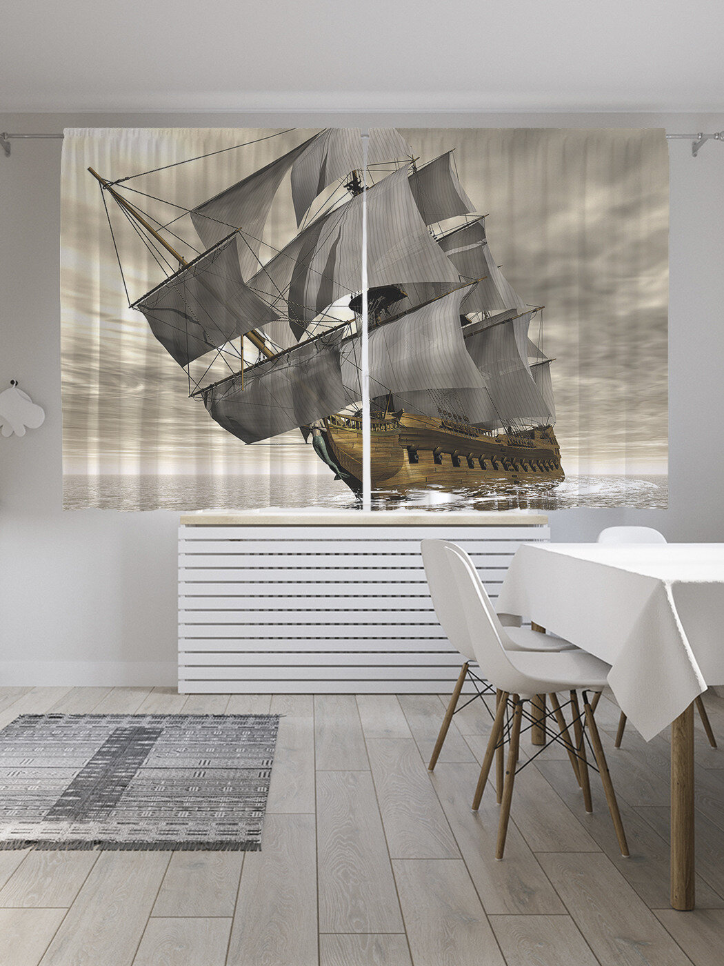 Фотошторы короткие "Фрегат в океане", 2 полотна шириной по 145 см, высота 180 см, JoyArty