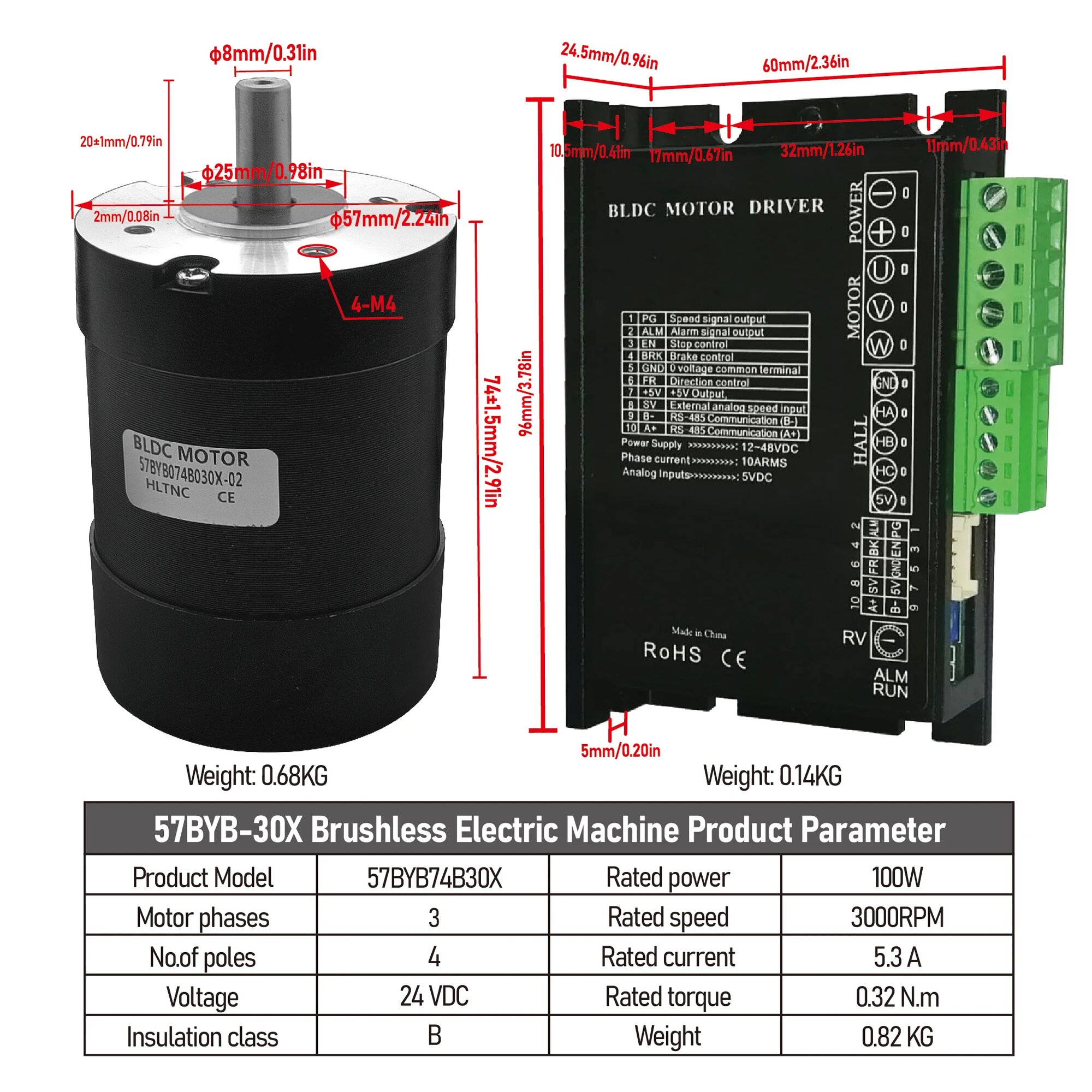 Бесщеточный двигатель постоянного тока BLDC 100 Вт 57BYB 3000-10000 об/мин Двигатель BLDC 0,1-0,32 Нм + драйвер с аналоговым входом RS485 0-5 В для производственной линии 3000Rpm 0.32Nm