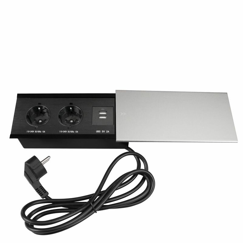 Розетка встраиваемая в столешницу, врезной блок розеток на 2 места EURO, 1 USB, 1 Type-c (быстрая зарядка)