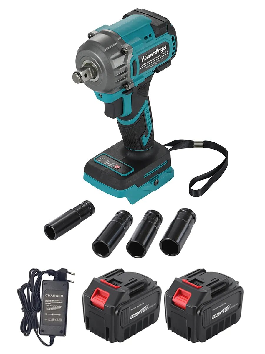 Гайковерт Heimerdinger LB160, бесщеточный, ударный, 550Нм, 18В, 4 насадки, 2х6 Ач Li-Ion