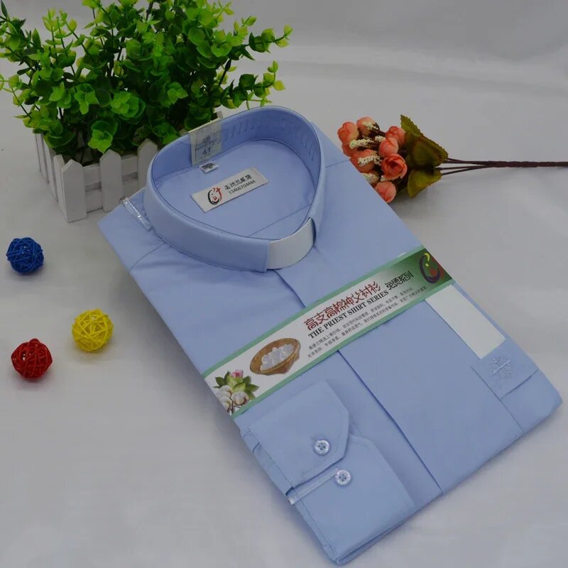 Мужская рубашка с длинным рукавом и воротником-вкладкой для священника пастора 41 XL, Light blue