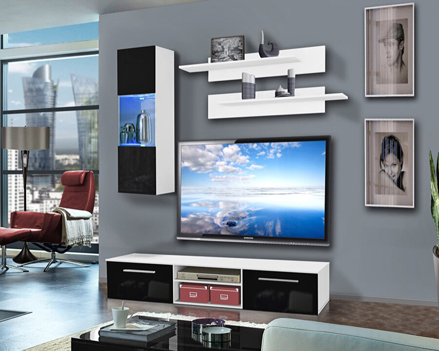 Гостиная 16 МДФ (черная) / Белый Фасадный 0101 NOW 180x45x170 см, черный, белый фасадный Фиеста