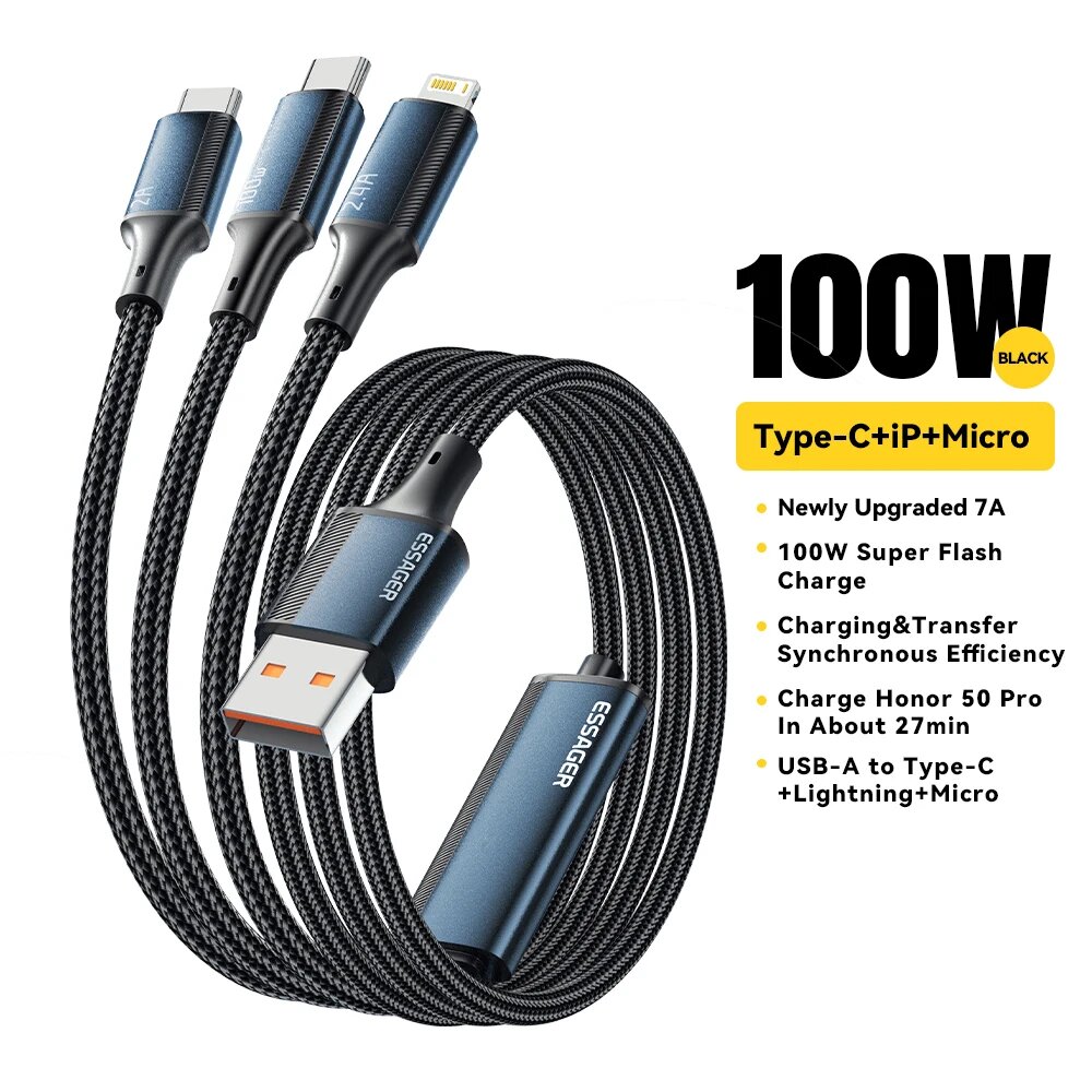 Зарядный кабель Essager 3 в 1, USB Type-C, 100 Вт, 7 А Blue