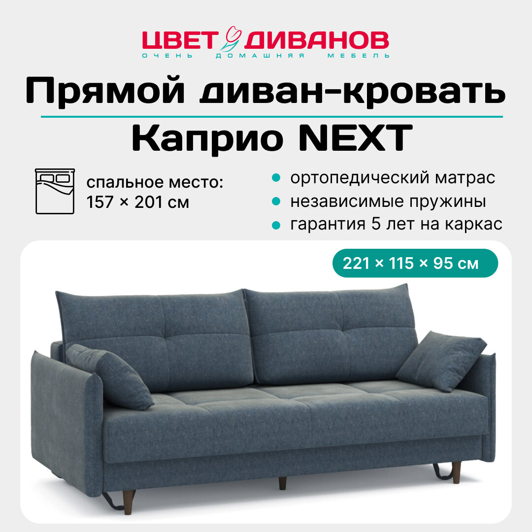 Прямой диван кровать Цвет Диванов Каприо NEXT 22 221 раскладной, пружинный ортопедический матрас, шенилл, металлокаркас