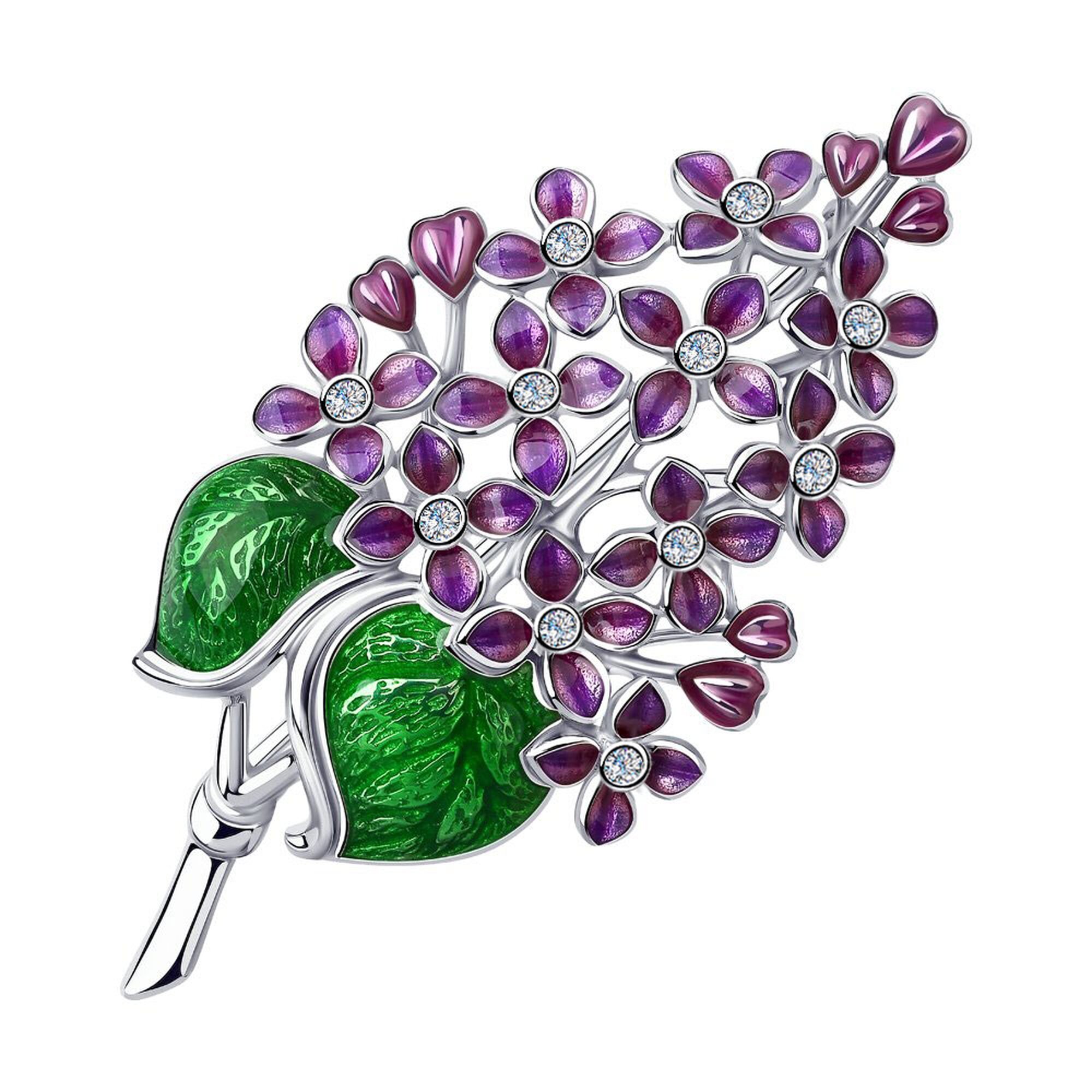 Брошь, серебро, 925 проба, родирование, эмаль, фианит
