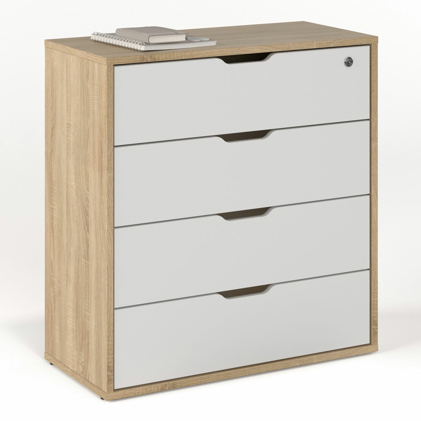 Комод с 4 ящиками, Офисный комод с замком МагМебель Б-10 дуб сонома + белый