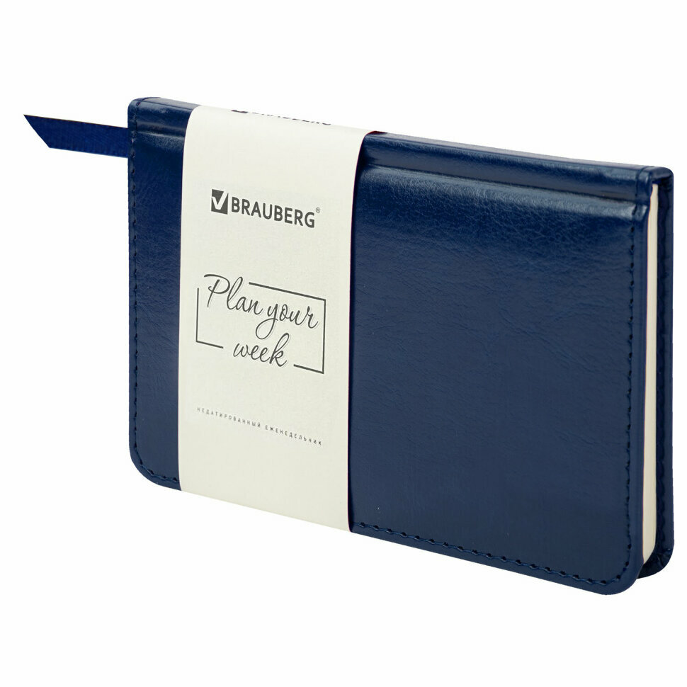 Еженедельник недатированный малый формат 95х155 мм А6 BRAUBERG "Imperial" под кожу, 64 л, темно-синий, 126186, 126186