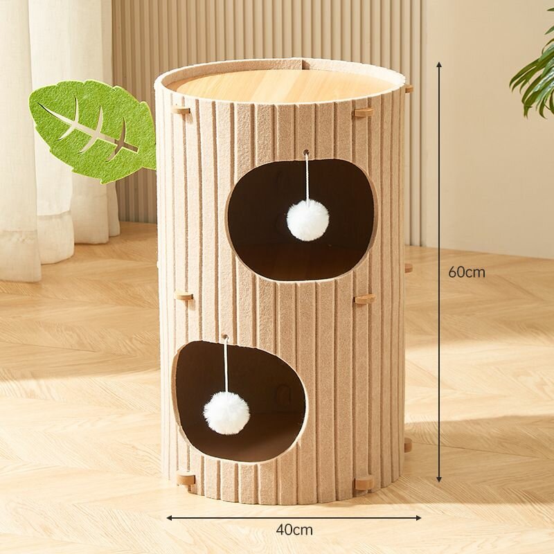 Дерево для кошек с коттеджами и полками для игр. Оно обеспечивает теплоту зимой и может вместить несколько кошек для игр.