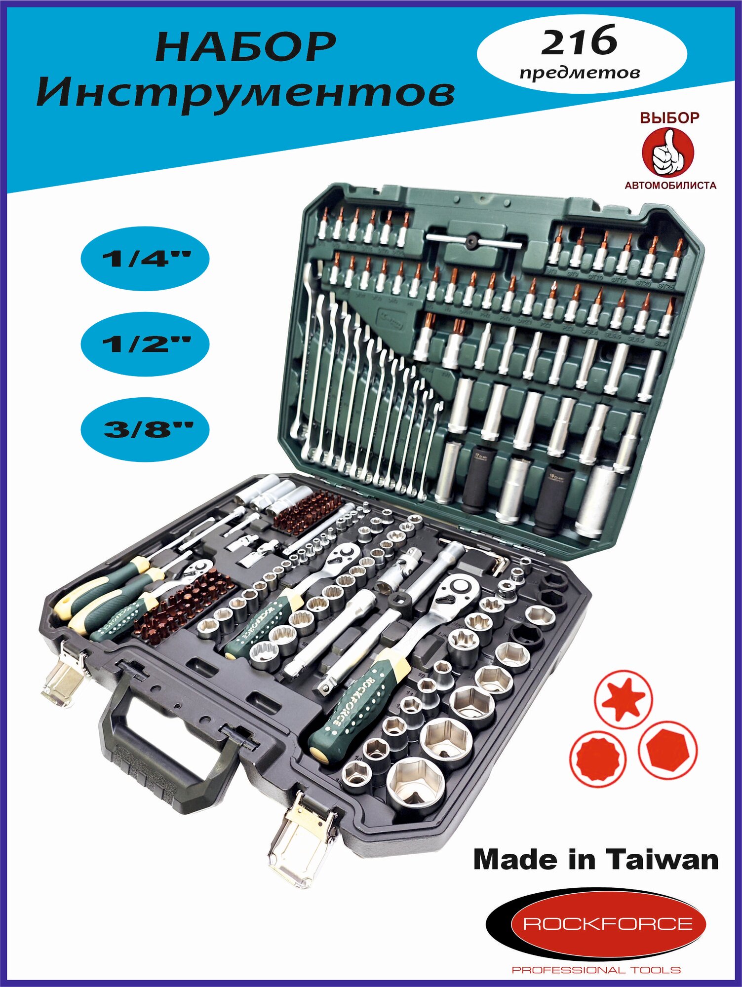 Набор инструментов в чемодане 216 предметов, PROFI 1/4" 3/8" 1/2" (6гр.) / (4-32мм), 38841пр, RockForce