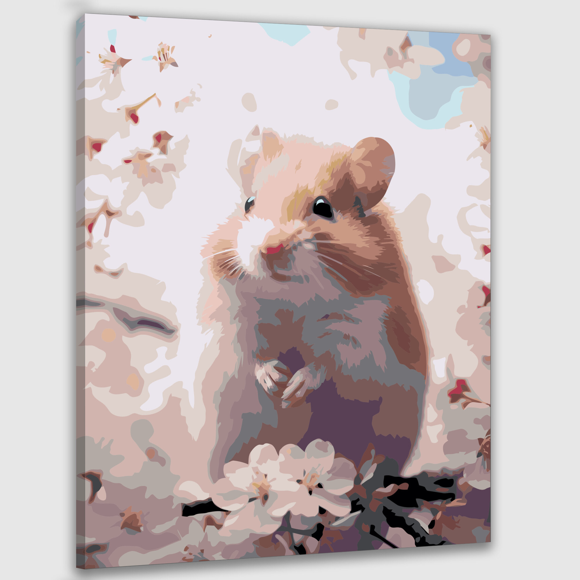 Картина по номерам 40x50 см, хомячок, ветка, вишня, розовые лепестки, пытливые глазки, крошечные лапки