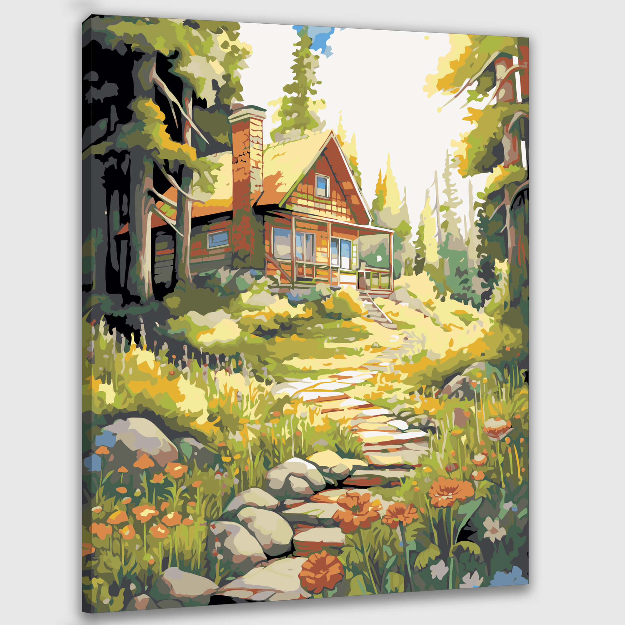 Картина по номерам 40x50 см, акварельная картина, хижина, лесная поляна, солнце, сосны, полевые цветы, покой