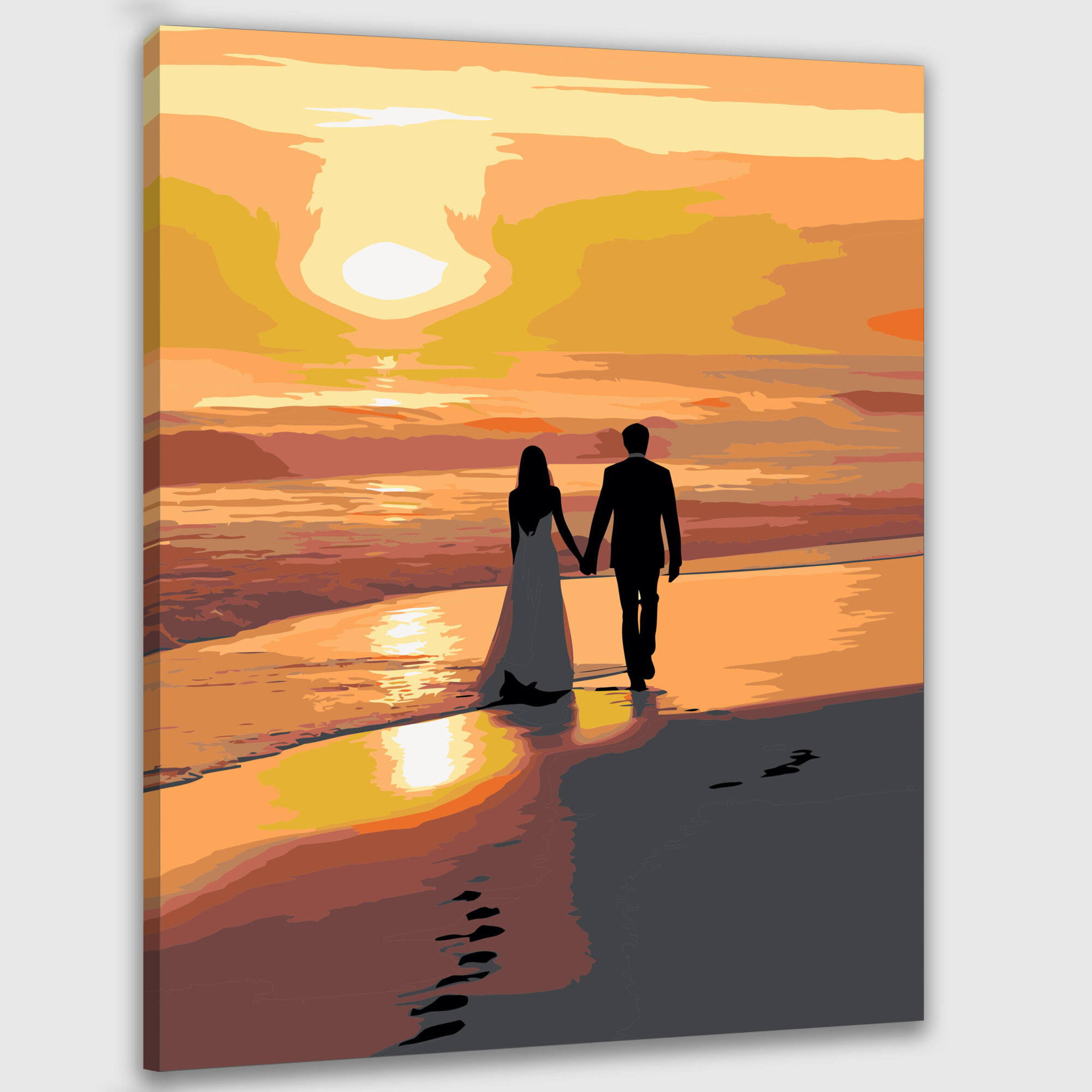 Картина по номерам 40x50 см, фотокомпозиция, возрождение любви, пара, пустынный пляж, закат, золотистые оттенки, солнце