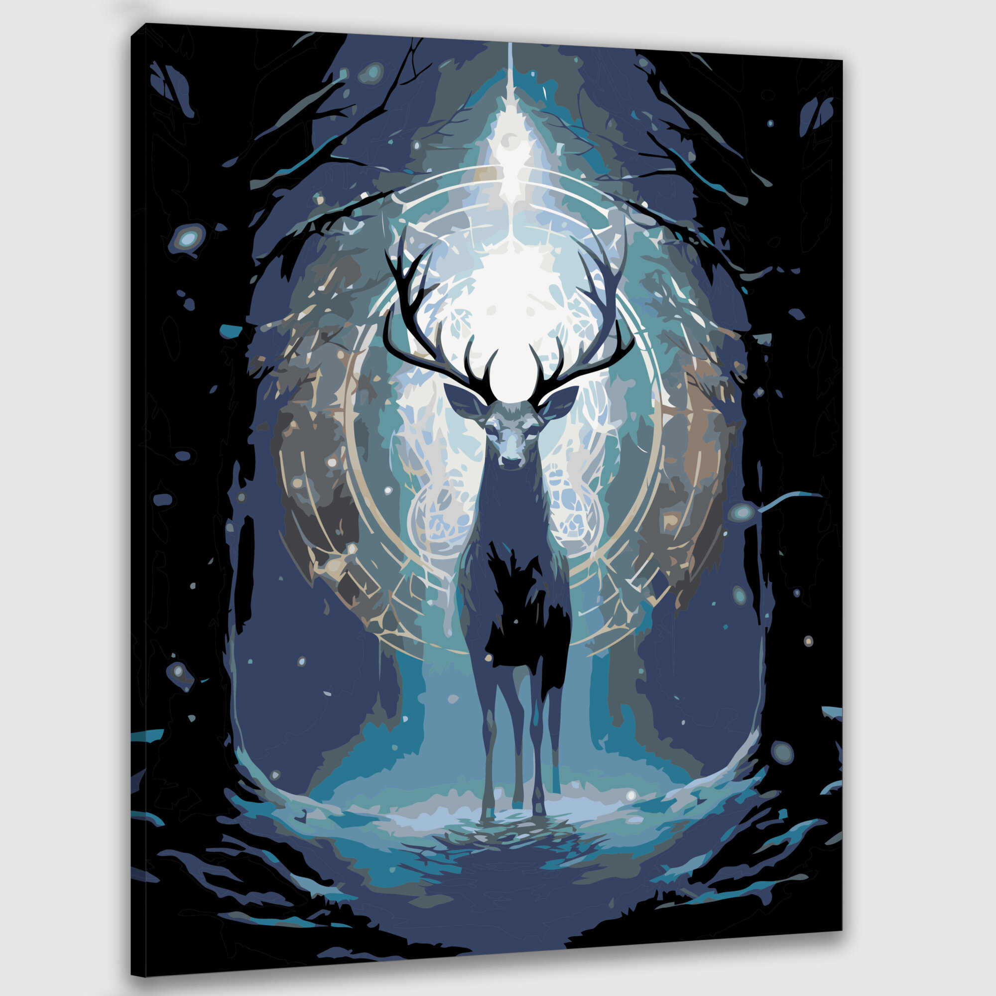 Картина по номерам 40x50 см, мистический олень, величественные рога, яркий орнамент, светящийся, лунная ночь, снежинки