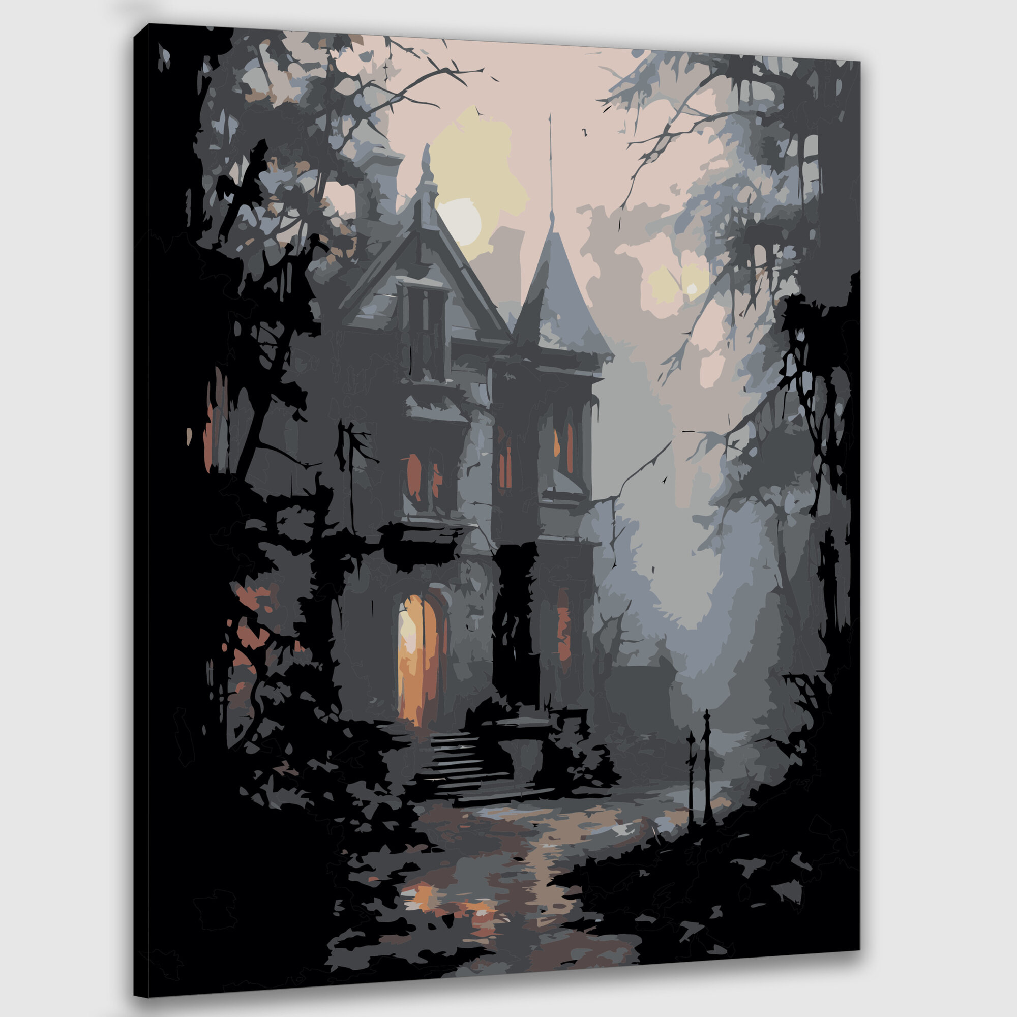 Картина по номерам 40x50 см, картина, масло, заброшенный особняк, туман, плющ, разбитые окна, тайна, интрига