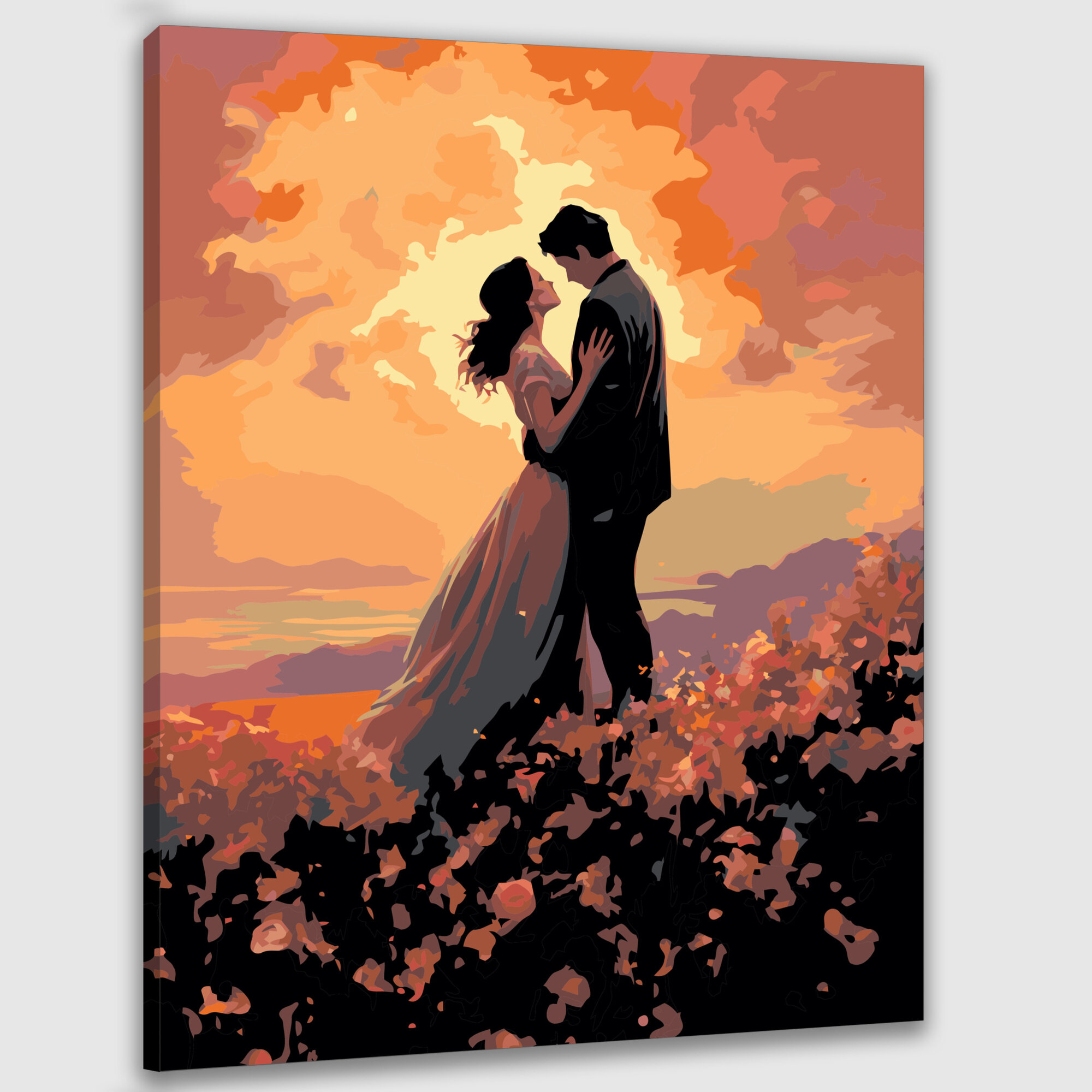 Картина по номерам 40x50 см, картина маслом, момент влюбленности, мазки кисти, теплые оттенки, пара обнимается