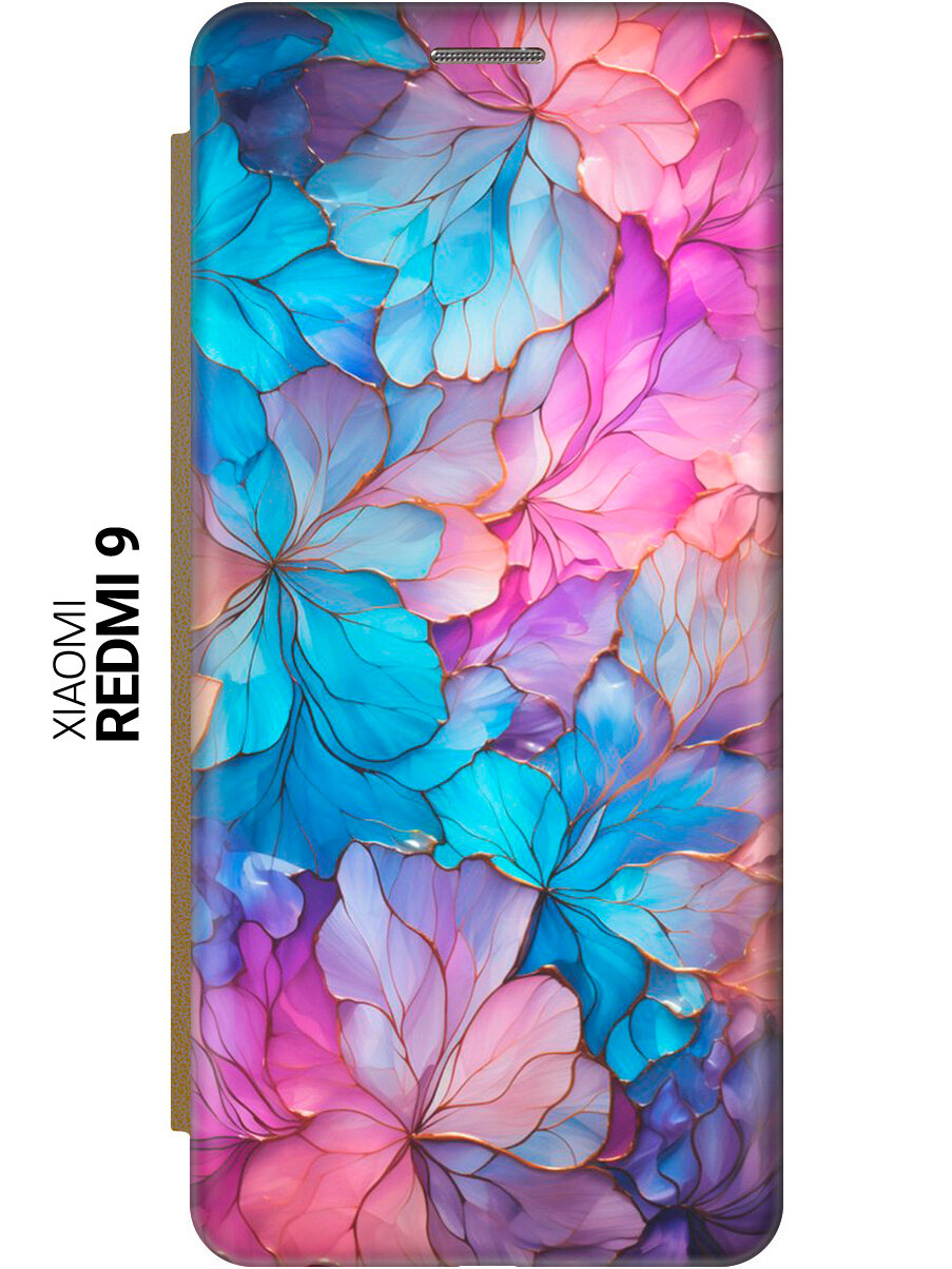 Чехол-книжка на Xiaomi Redmi 9 / Сяоми Редми 9 с рисунком "Цветочный витраж" золотой
