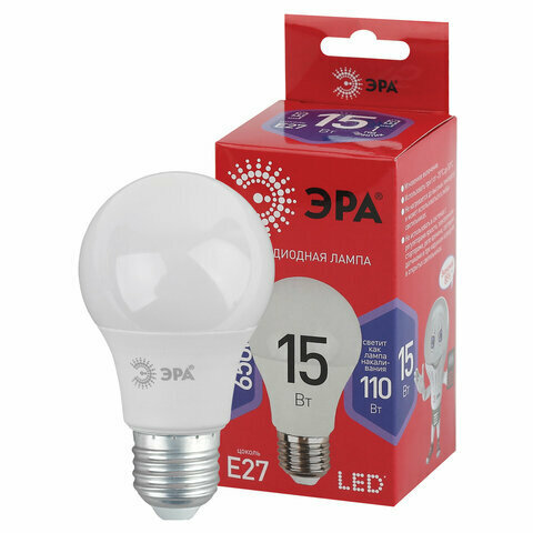 Лампа светодиодная ЭРА RED LINE, 15 (110) Вт, цоколь Е27, груша, холодный белый свет, 30000 ч, LED A60-15W865E27R, Б0046357