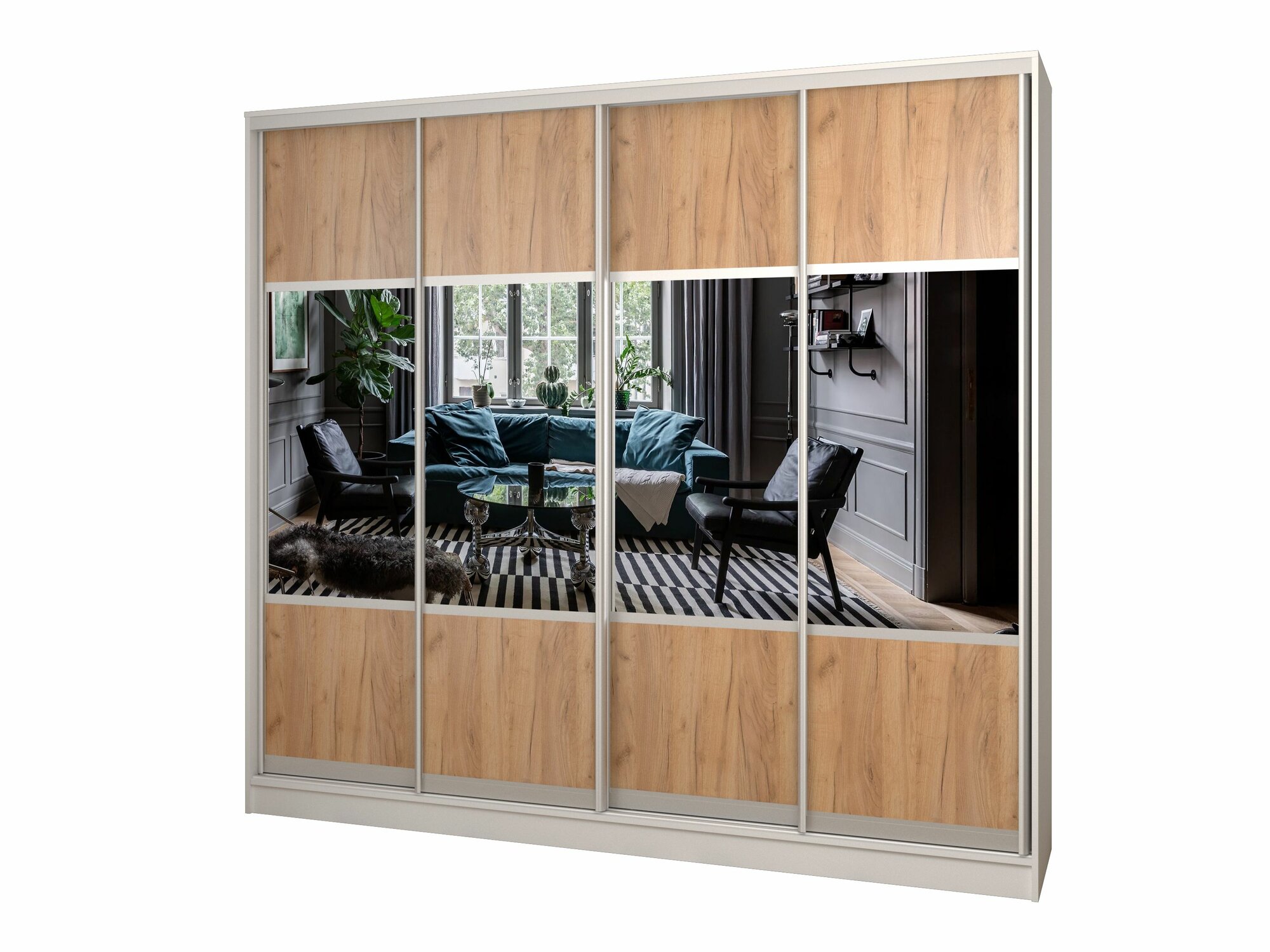 Шкаф-купе Борнео-4-1 четырехдверный, 200х60х210, наполнение 4.1В, дуб крафт золотой, с зеркалами