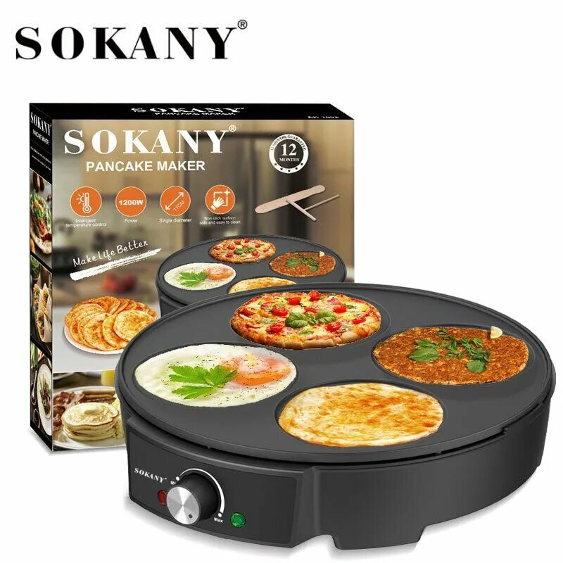 Блинница SOKANY, модель 1003, на 4 отверстия, 1200 Вт, для приготовления бургеров и блинчиков для торта