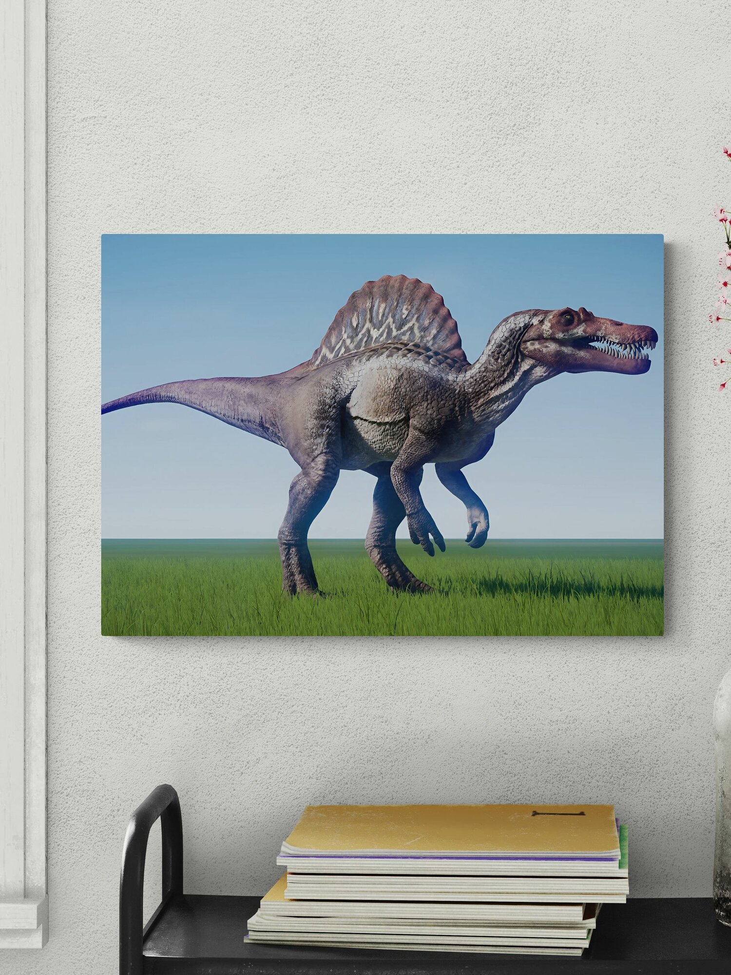 Картина на холсте с динозавром "Спинозавр ищет добычу" 70х50 см