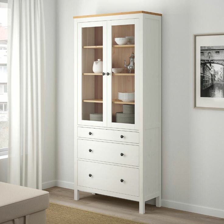 Шкаф-витрина Хемнэс Hemnes/Кымор, 3 ящика, 90х198х37 см, белый, светло-коричневый