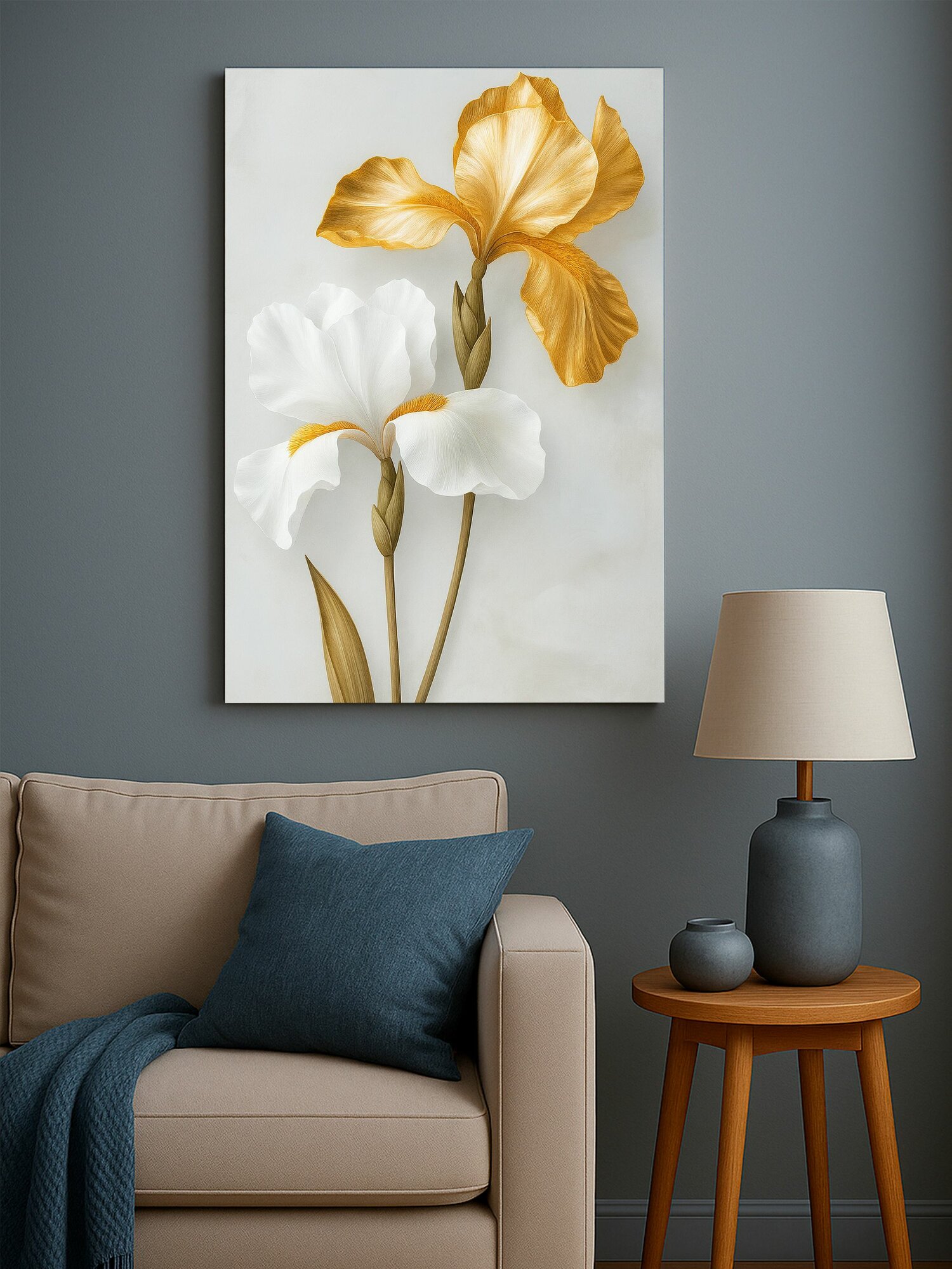 Картина для интерьера на холсте "Золотой и белый Ирис" 60х100 см
