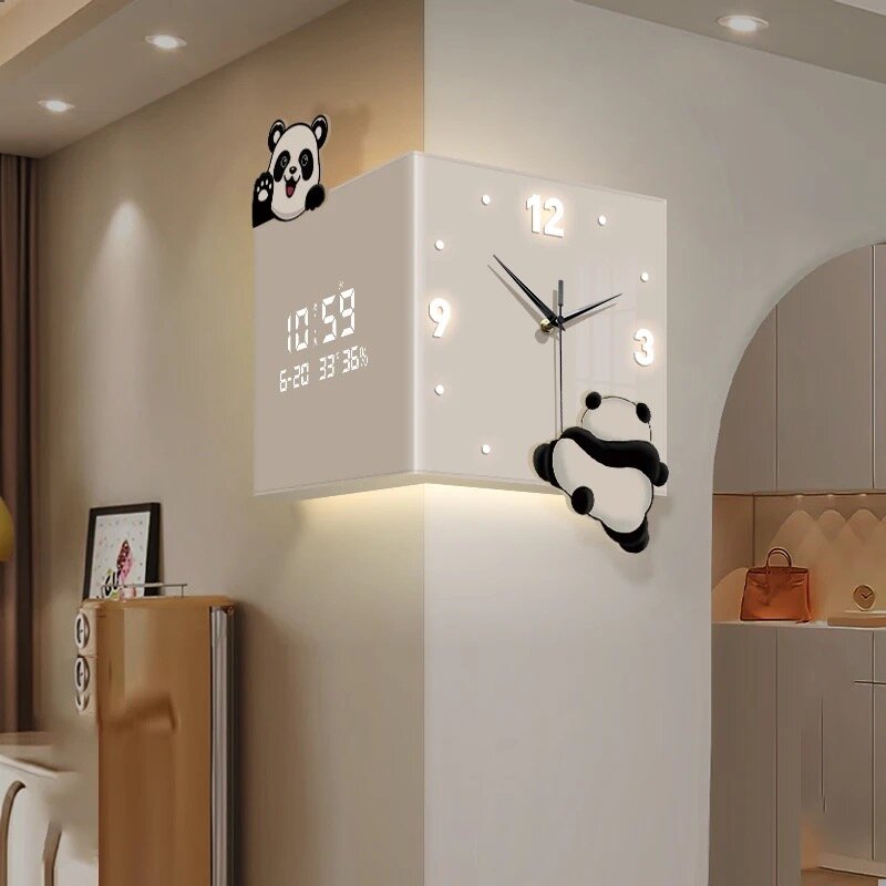 Угловые часы для гостиной с вечным календарем, электронные, двухсторонние, настенные, с пультом, Панда，Десять дюймов.