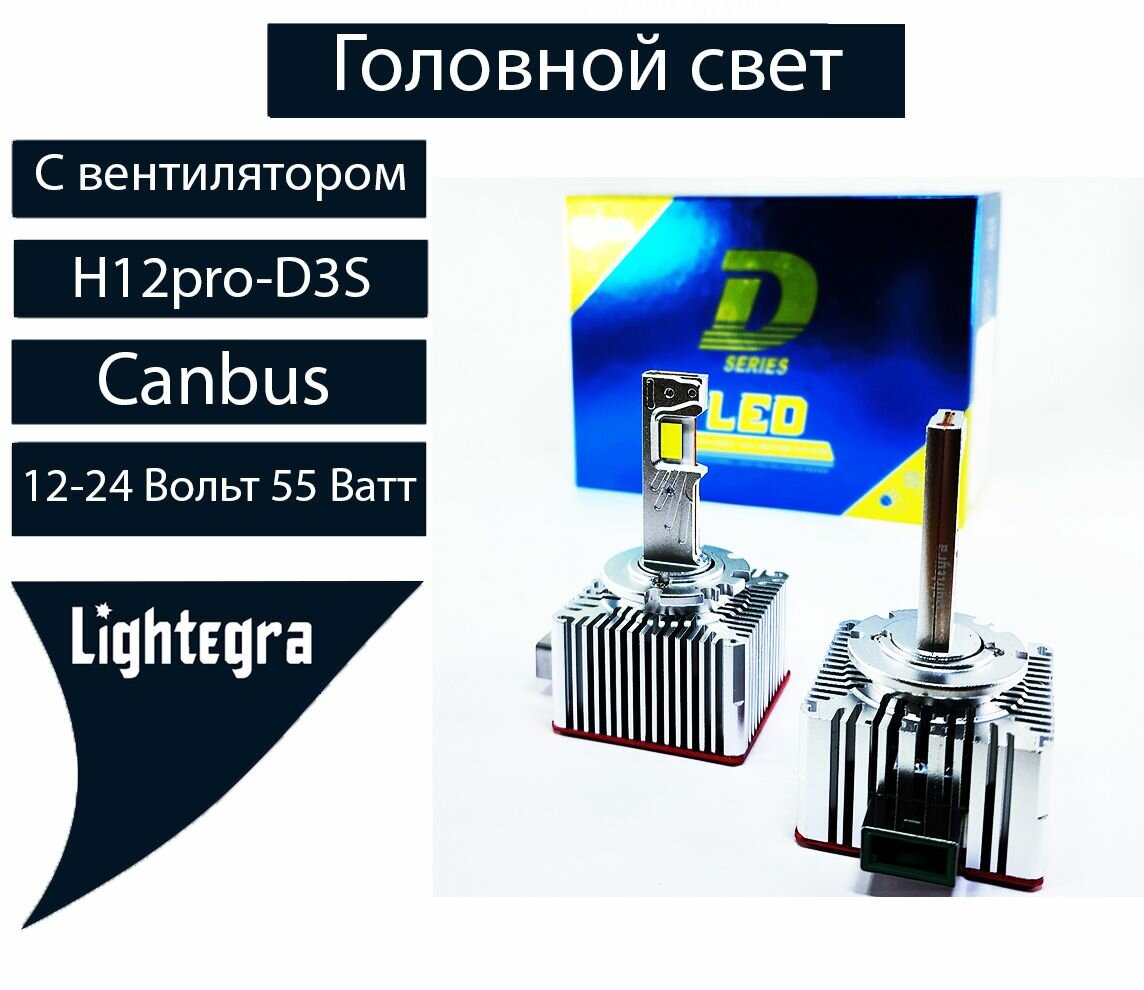 Светодиодные лампы D3S (LED) С вентилятором. H12pro Canbus 55 Ватт 2 шт
