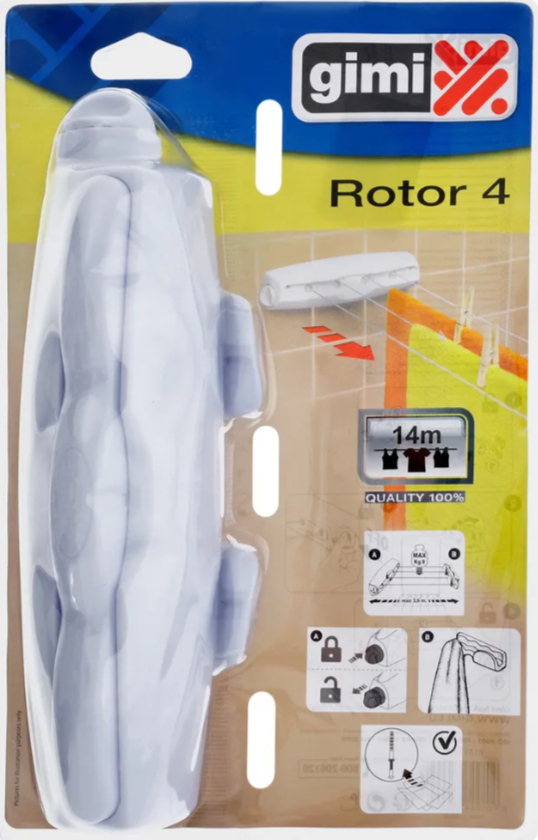 Сушилка для белья Gimi "Rotor 4", рабочая длина 14 метров, 4 веревочных прута