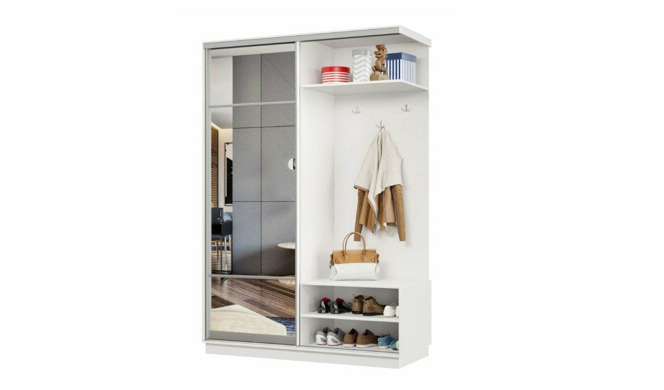 Прихожая комплект Маршал Лайт со шкафом, с вешалкой, с зеркалом, с обувницей, 120х60х240 см, Белый, Правый