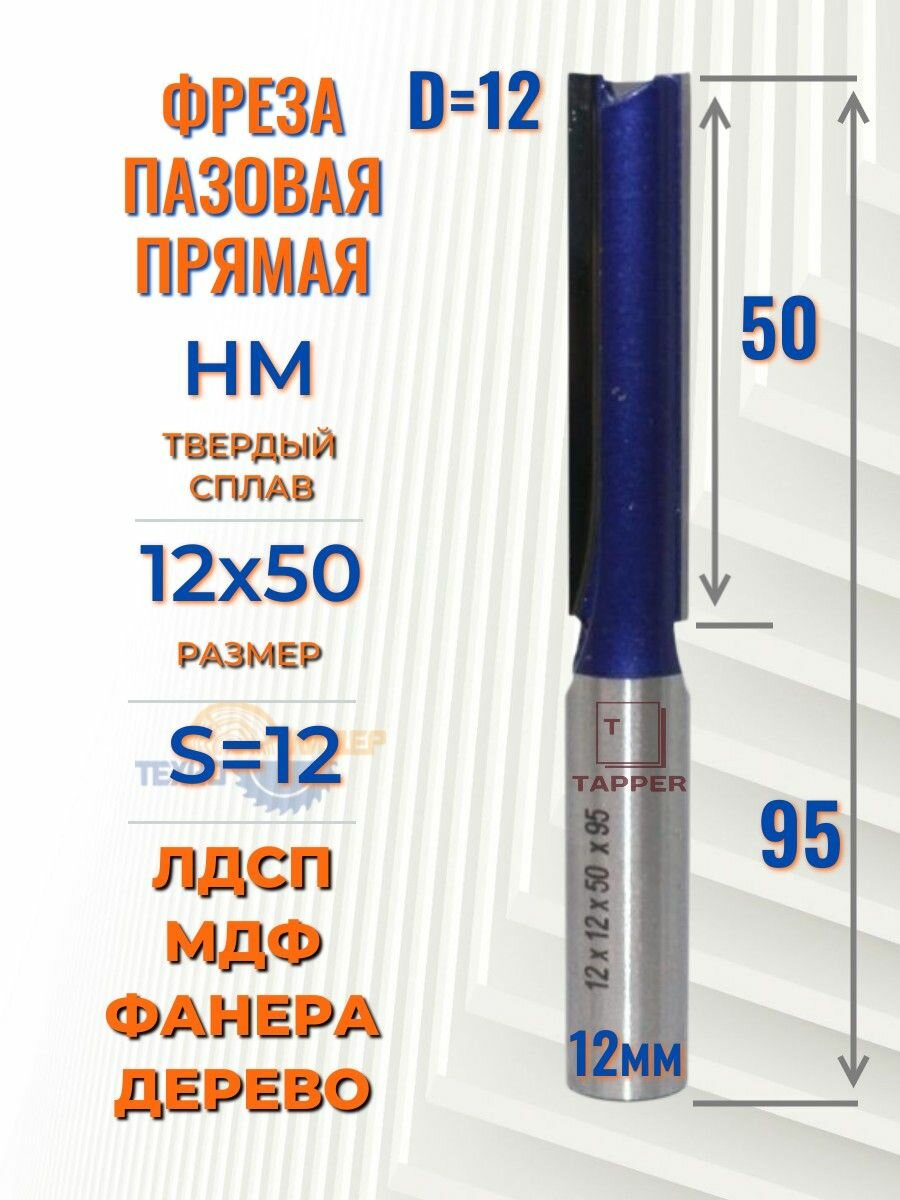 Фреза пазовая прямая D 12 x 50 S12 Z2 TRT125095 по дереву, ЛДСП, МДФ