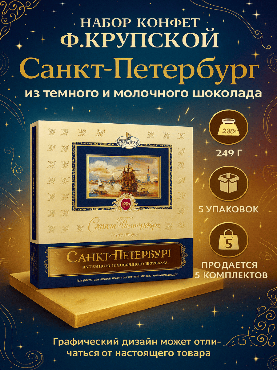Набор конфет Ф. Крупской Санкт-Петербург из темного и молочного шоколада, 249г x 5 упаковок