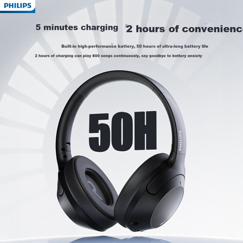 PHILIPS New Model Headband Sports Headphones AI Noise Cancelling Wireless Bluetooth Headphones Riding Long Battery Life Calling TAH2020 Black
