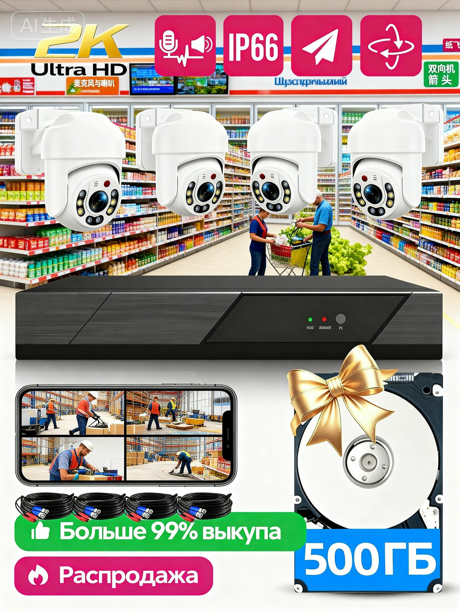 DRO комплект камер видеонаблюдения уличная с жестким диском, Готовый комплект видеонаблюдения на 4 камеры