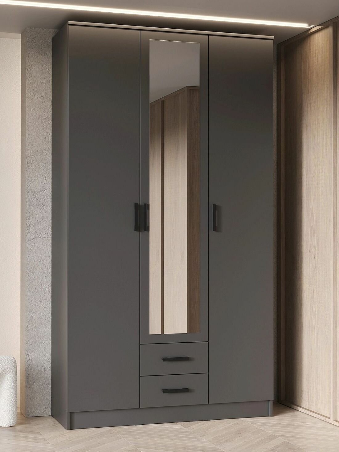 Шкаф Трио с зеркалом Графит, ЛДСП, с полками, ящиками, штангами, для спальни, гостиной, прихожей 1200х2200х487 мебельный РАЙ