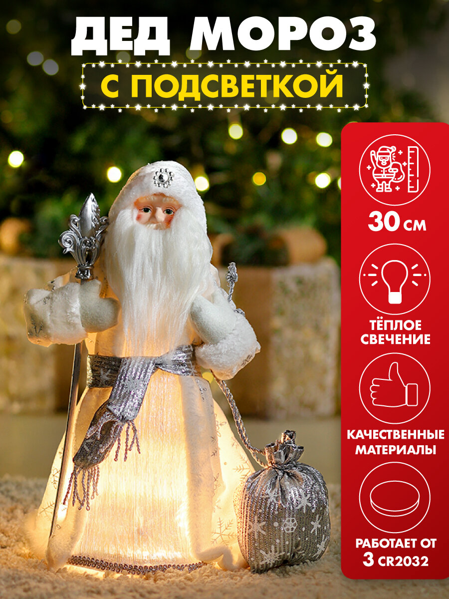 Фигура декоративная с подсветкой Дед Мороз в серебряной шубе, батар. 3шт*CR2032(Соб. раз)30 см Т-7091