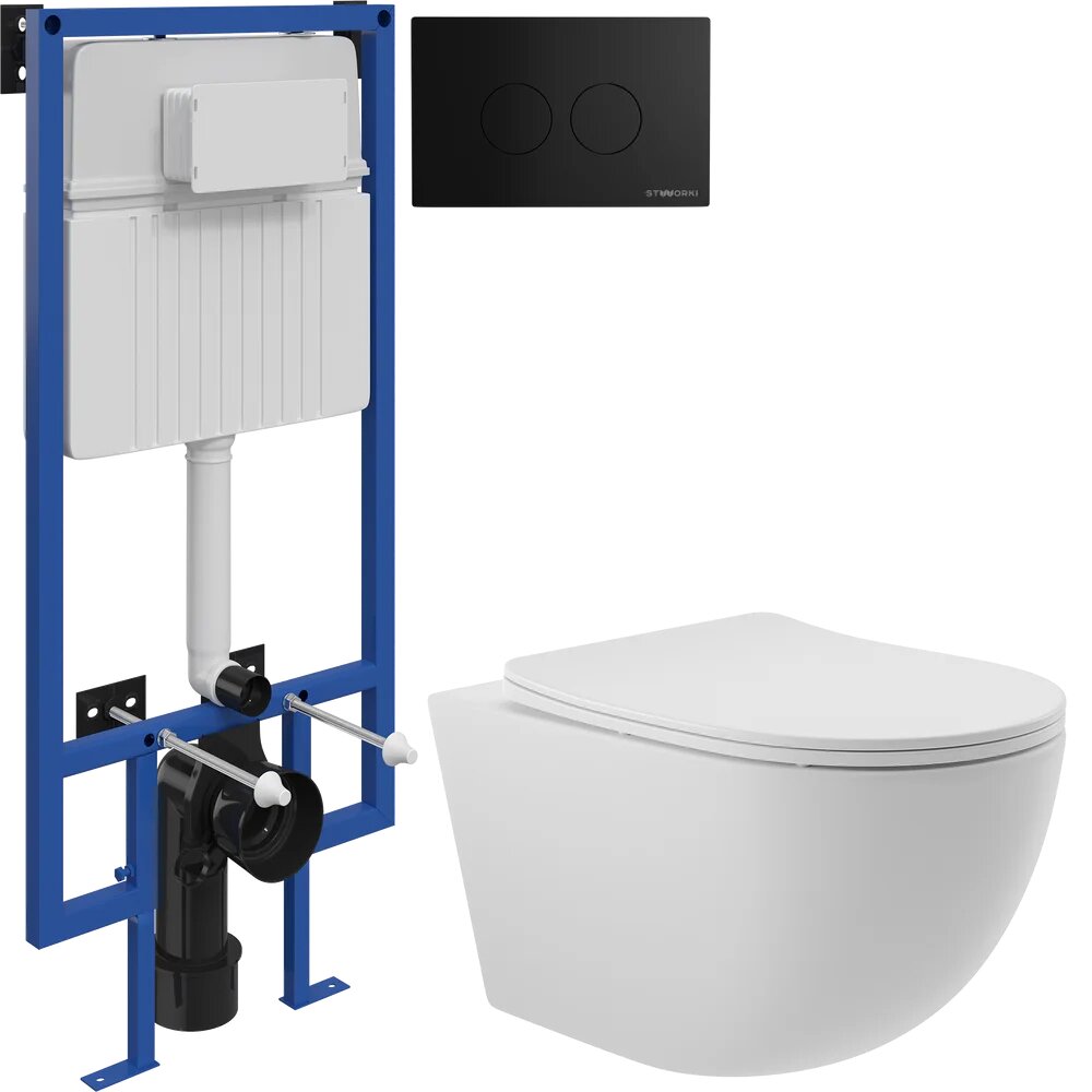 Инсталляция с унитазом комплект 3 в 1 Унитаз подвесной Aqueduto Ovo OVO0120 / Инсталляция STWORKI 510162 / Кнопка Хельсинки 500471 цвет матовый черный