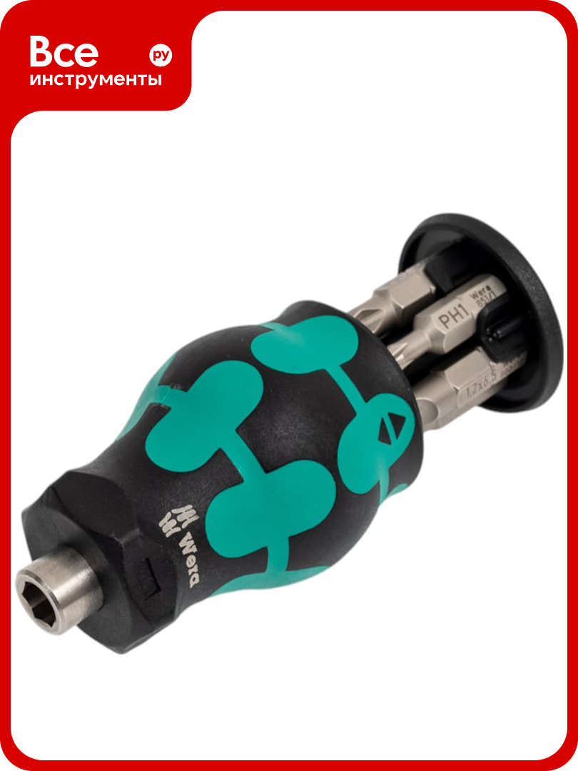 Короткая ручка-битодержатель WERA с битами, 6 предметов WE-008877, с крепежом в труднодоступных местах