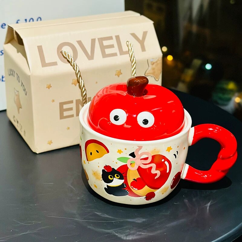 Симпатичная керамическая кружка в виде яблока с крышкой, ложкой, красивая кофейная чашка для девочек, забавная