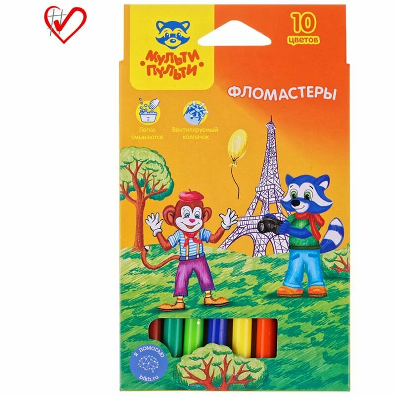 12 шт. Фломастеры Мульти-Пульти "Енот во Франции", 10цв, смываемые, картон, европодвес