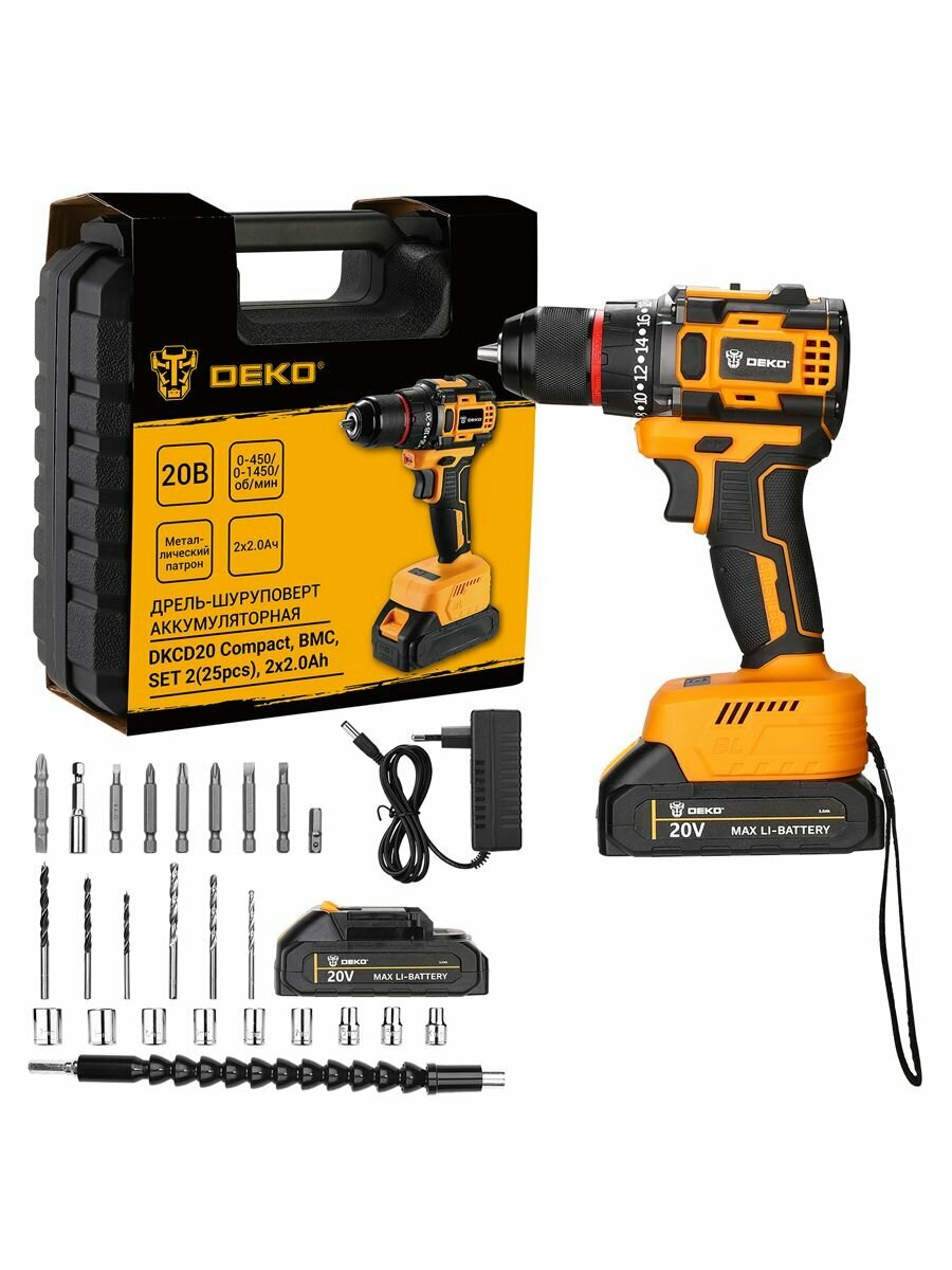 Дрель-шуруповерт аккумуляторная бесщеточная компактная DEKO DKCD20 Compact в кейсе, с набором оснастки