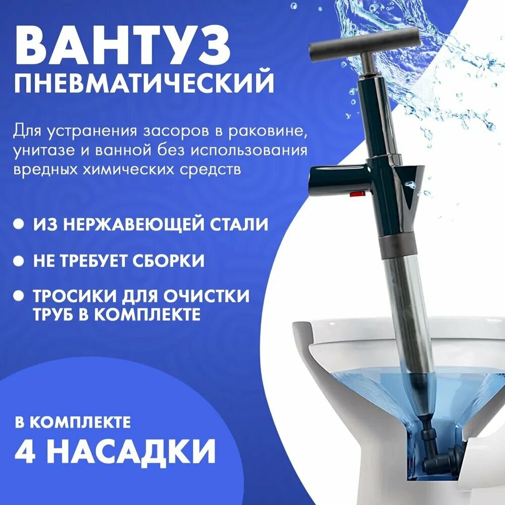 Вантуз пневматический высокого давления. Средство для удаления засоров из труб, плунжер для очистки труб, для унитаза, для ванны, для раковины, для сантехники