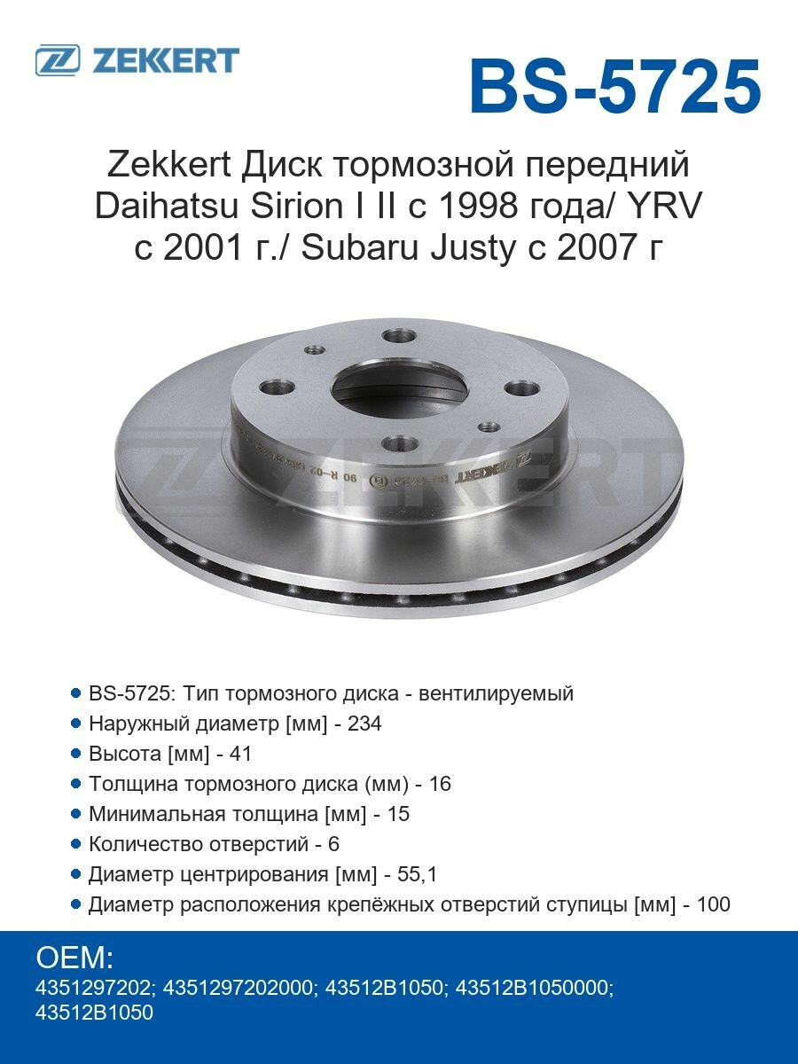 Zekkert Диск тормозной передний Daihatsu Sirion I II с 1998 года/ YRV с 2001 г./ Subaru Justy с 2007 г