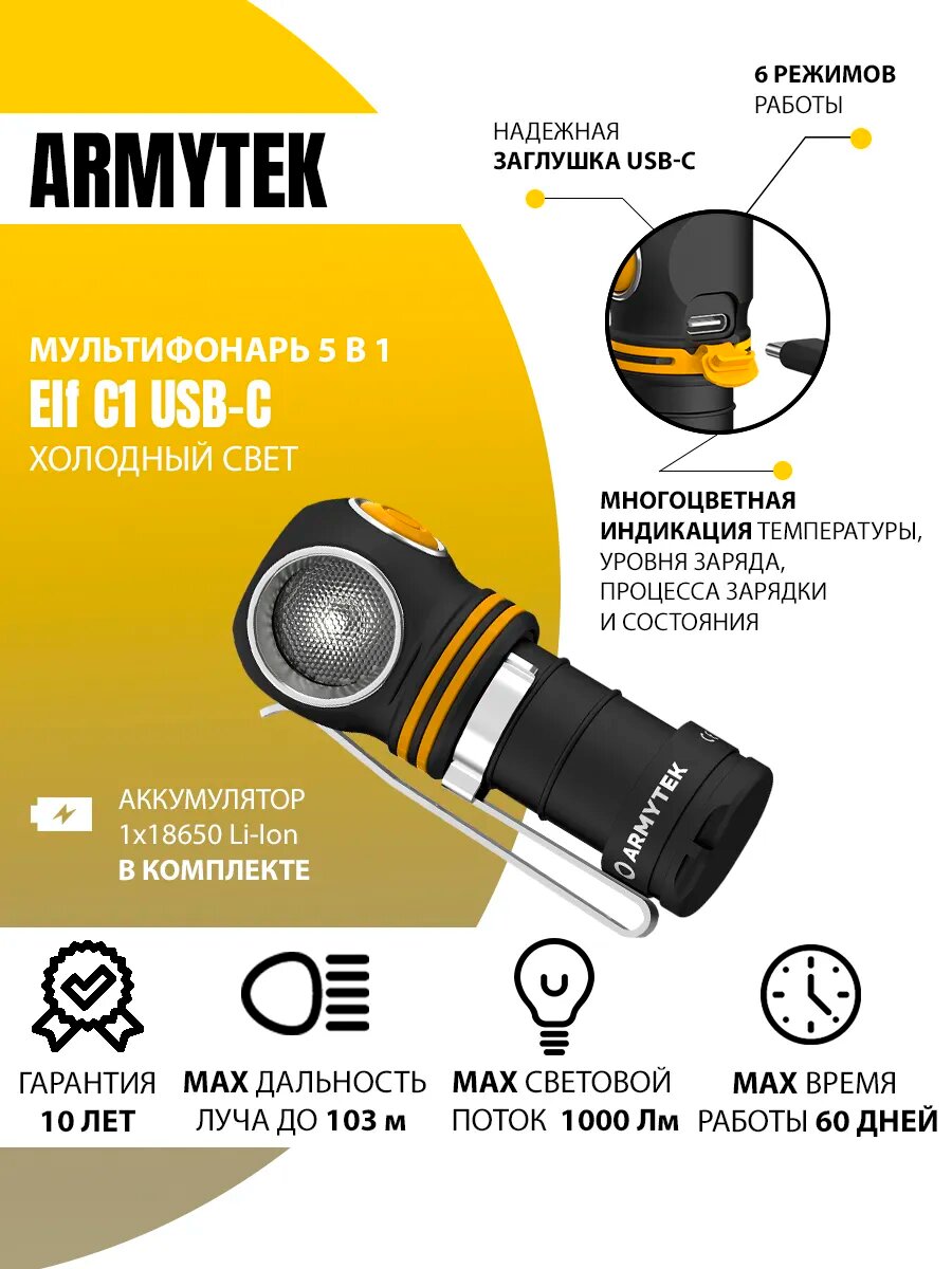 Фонарь налобный аккумуляторный мощный Elf C1