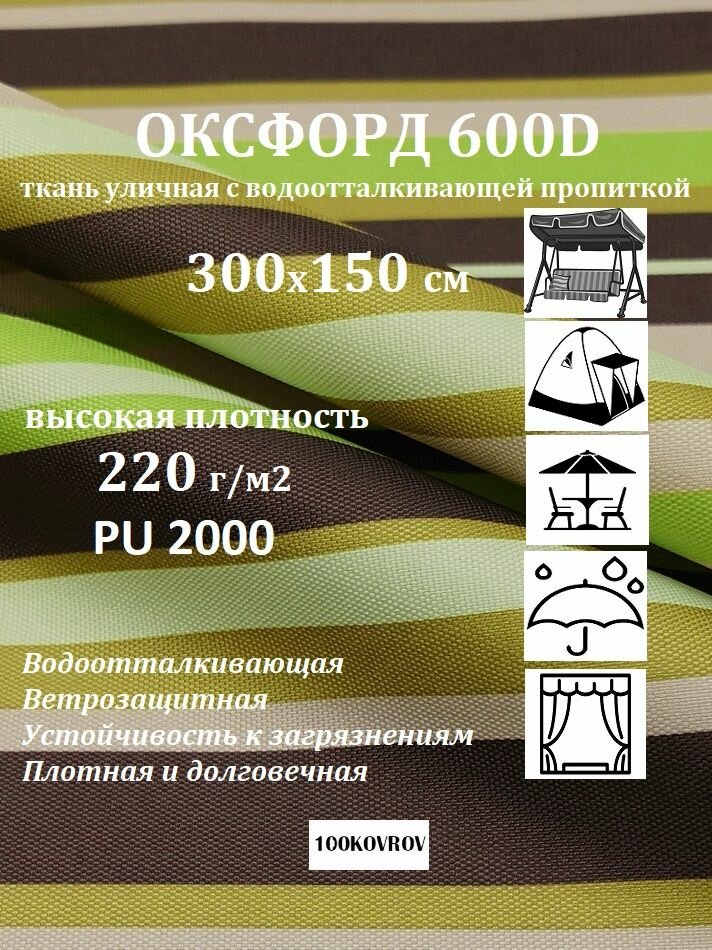 300х150 см Ткань уличная, водоотталкивающая 100KOVROV оксфорд 600D PRINT полоса зеленое яблоко