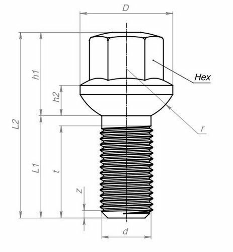 Болт колесный M14x1,5x27x48,5, сфера R14, кл.17, дакромет для а/м Mercedes/Infiniti, AIRLINE ABLT010