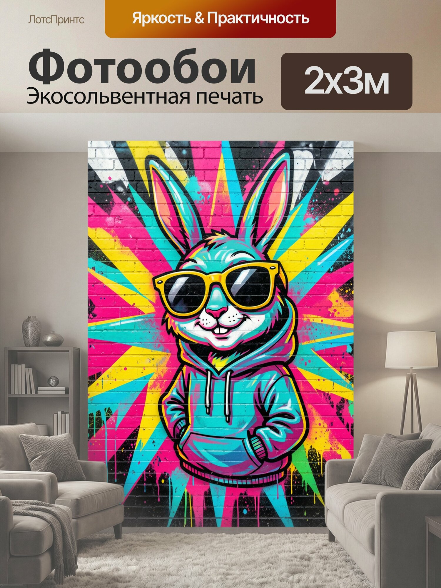 Фотообои "Неоновый кролик в очках. Яркий стрит-арт с забавным зайцем в худи и больших солнцезащитных очках, на фоне взрывных граффити, брызг." 200x300 см. экосольвентная печать